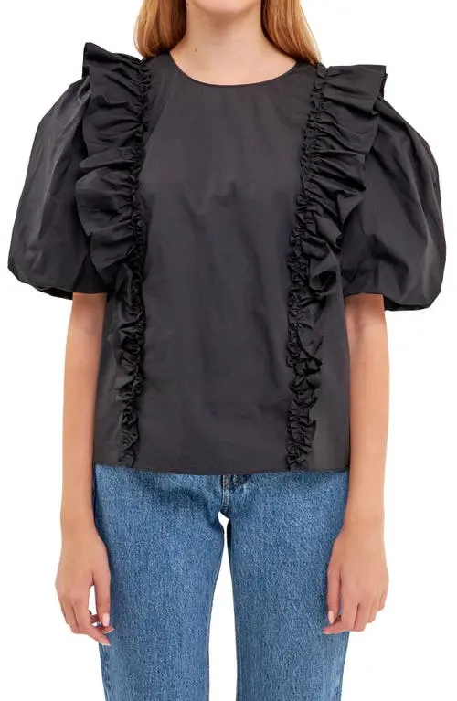 English Factory Double Ruffle Puff Sleeve Blouse - Black