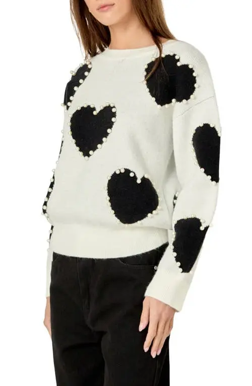 English Factory Heart Imitation Pearl Sweater - Black Multi