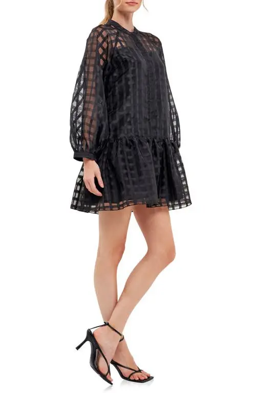English Factory Check Long Sleeve Organza Dress