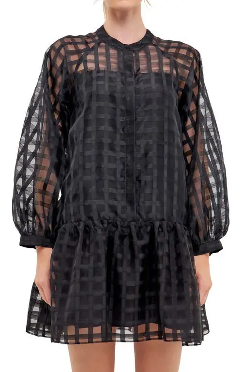 English Factory Check Long Sleeve Organza Dress
