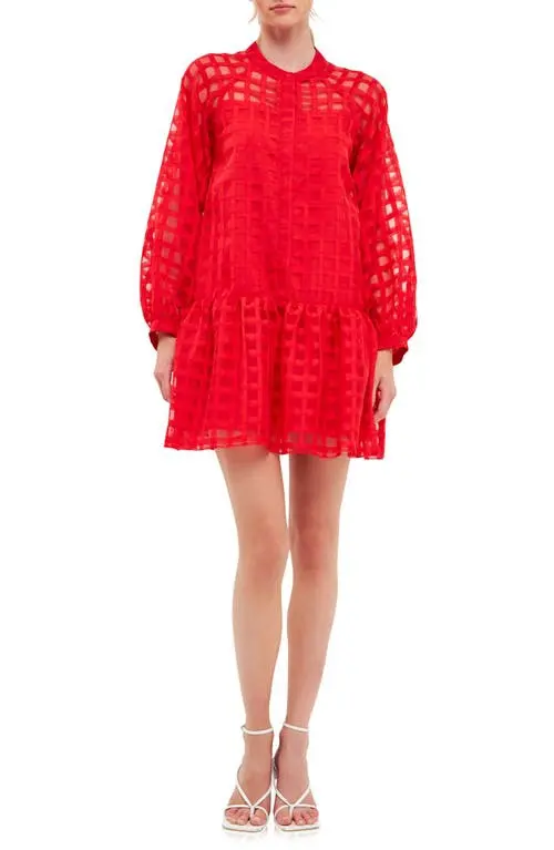 English Factory Check Long Sleeve Organza Dress - Red