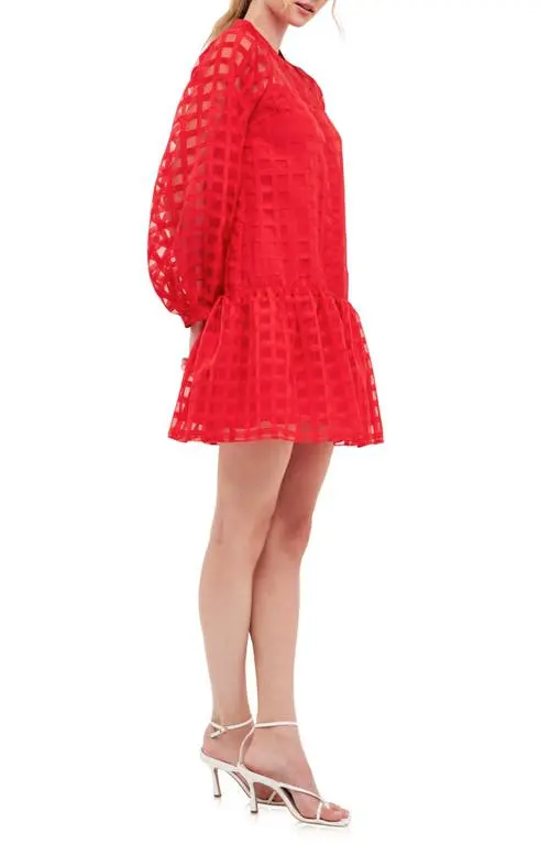 English Factory Check Long Sleeve Organza Dress - Red