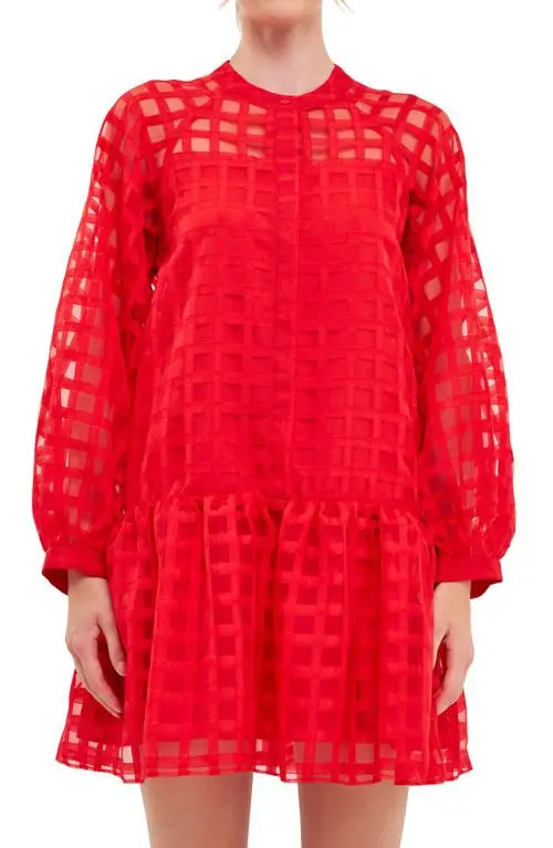 English Factory Check Long Sleeve Organza Dress - Red