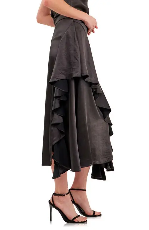 Endless Rose Satin Maxi Skirt With Ruffle Detail - Black