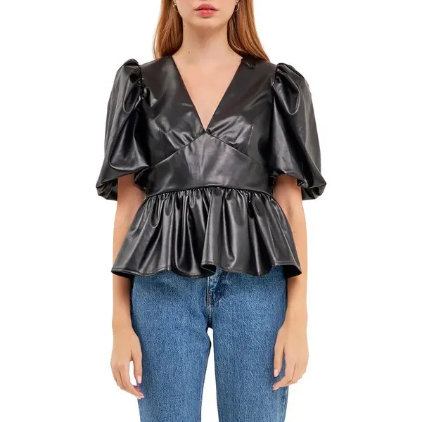 English Factory Puff-sleeve Faux Leather Peplum Top - Black
