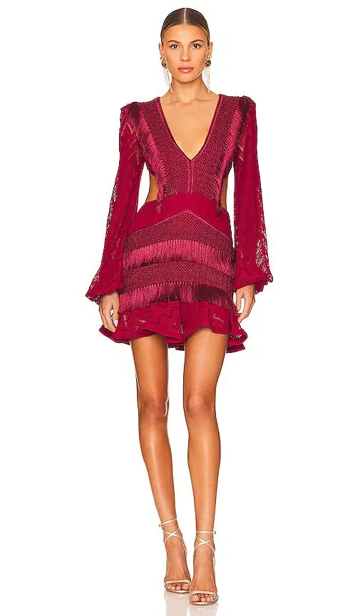 patbo metallic fringe trim mini dress Patbo - Clay Metallic Knit Fringe Mini Dress