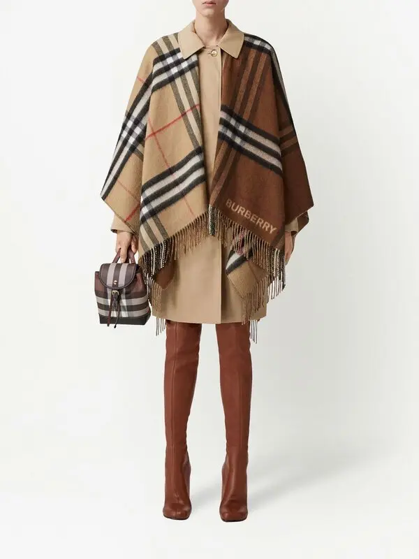 Burberry Contrast Check Fringed Cape - Brown
