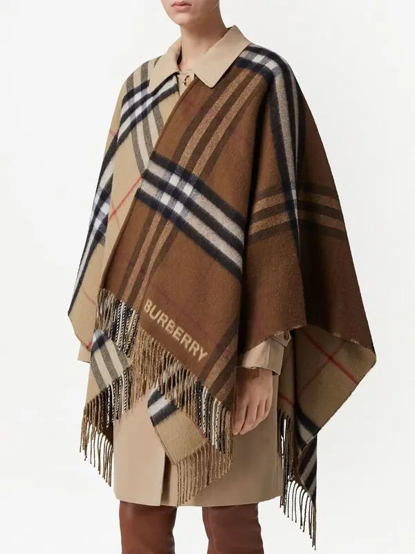 Burberry Contrast Check Fringed Cape - Brown