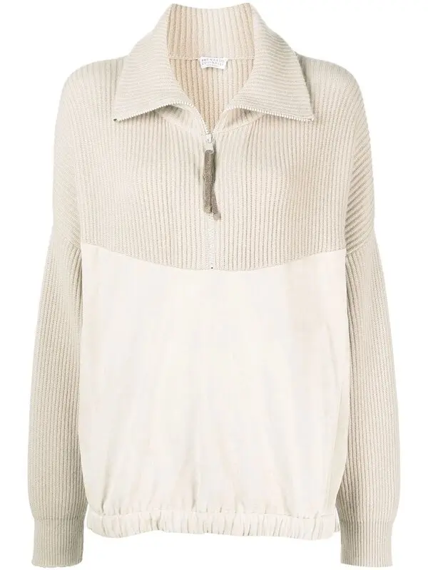 Brunello Cucinelli Panelled Knitted Leather Jumper - Neutrals