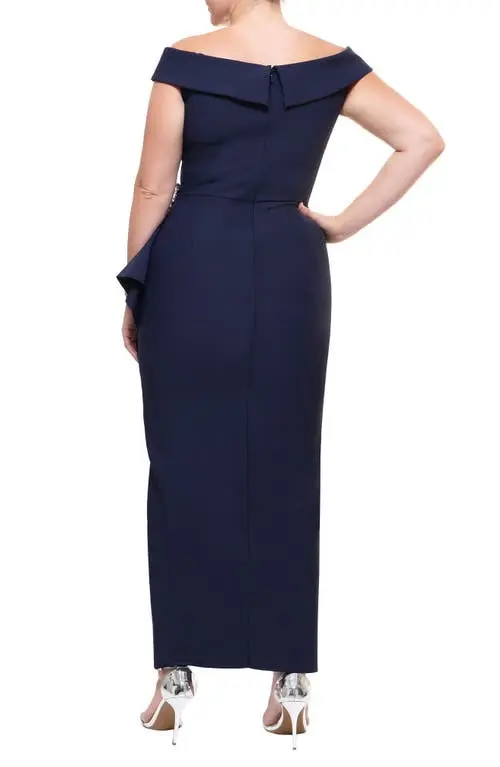 Alex Evenings Off-the-shoulder Side-swept Gown - Navy
