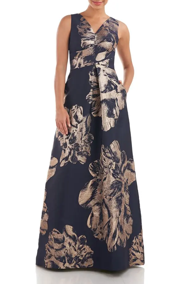 Kay Unger Alaina Shimmer Floral Gown In Deep Navy/ Bronze - 61% Off |  Editorialist