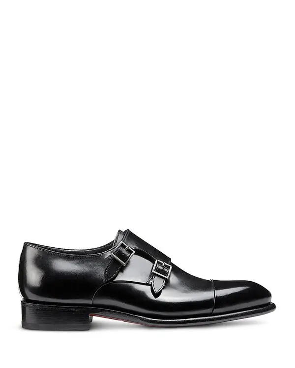 Santoni Carter Cap Toe Double Monk Strap Shoes - Black