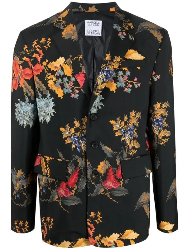 COUNTY OF MILAN Floral-print Single-breasted Blazer - Black