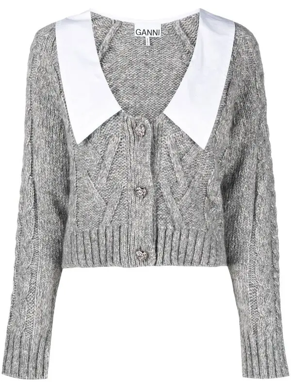 GANNI Contrasting-collar Cable-knit Cardigan
