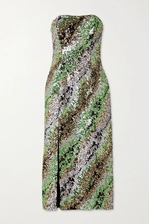 Halpern Strapless Sequined Tulle Midi Dress