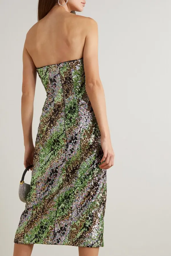 Halpern Strapless Sequined Tulle Midi Dress