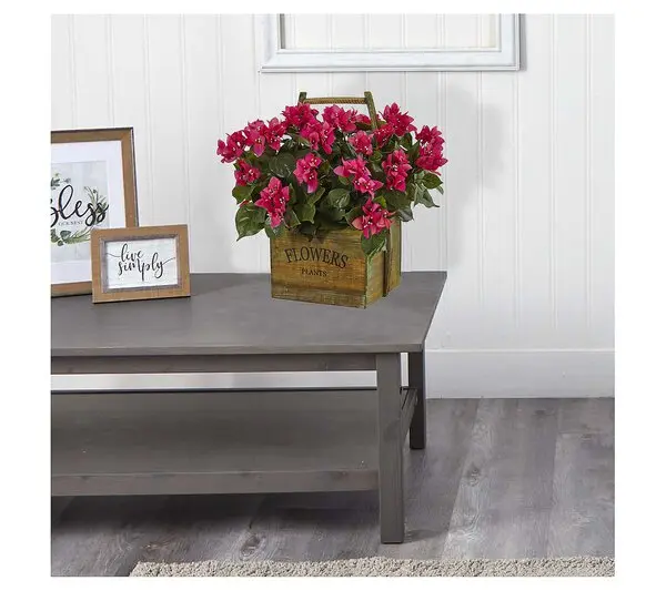 NEARLY NATURAL Bougainvillea In Rustic Wood Planter Nearly Atural