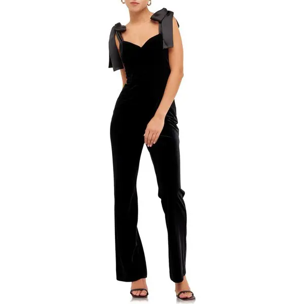 Endless Rose Bow Strap Velvet Jumpsuit - Black