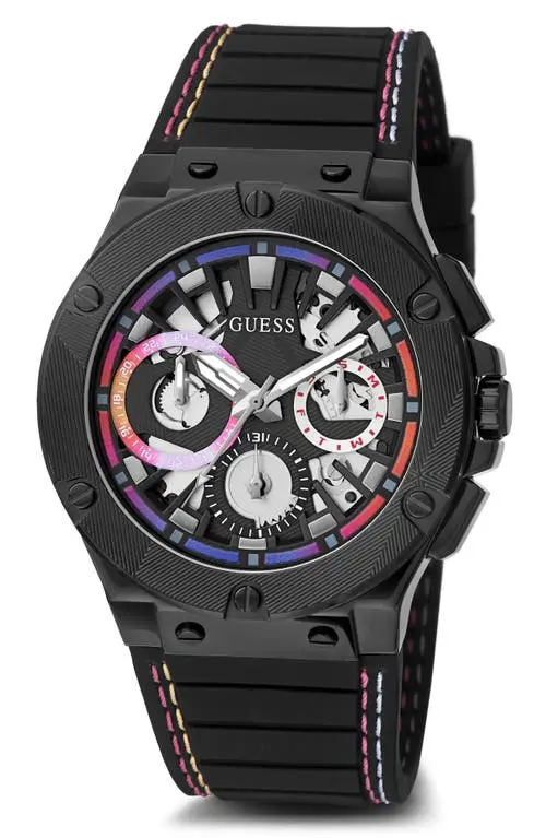 Guess Multifunction Silicone Strap Watch - Black/black/black
