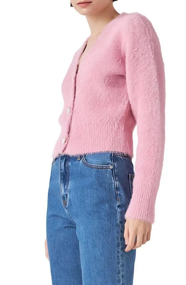 English Factory Pearly Heart Button Sweater - Pink