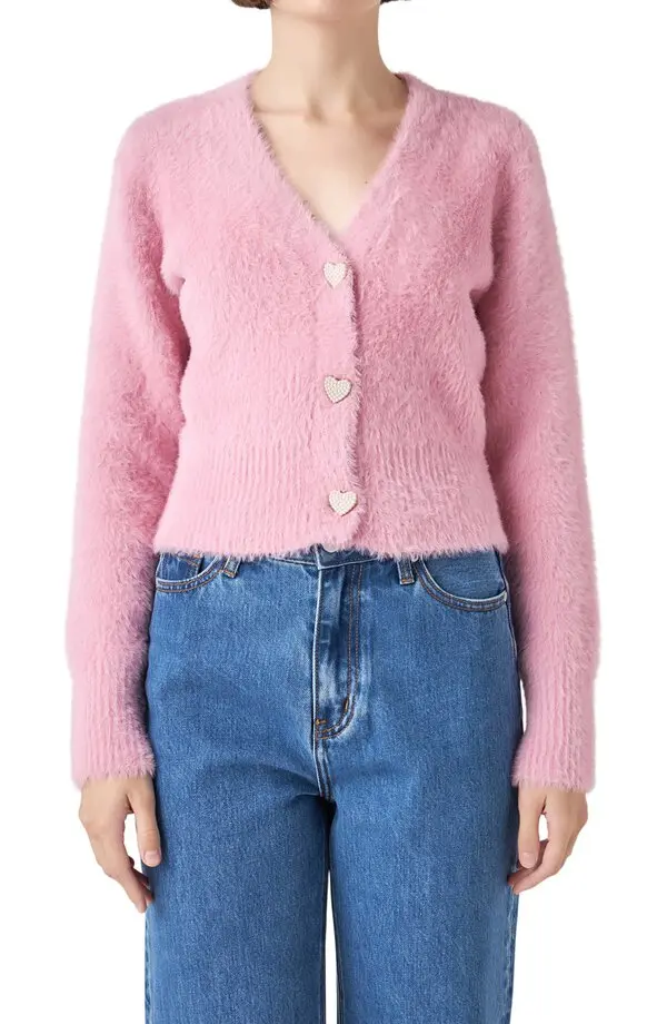 English Factory Pearly Heart Button Sweater - Pink