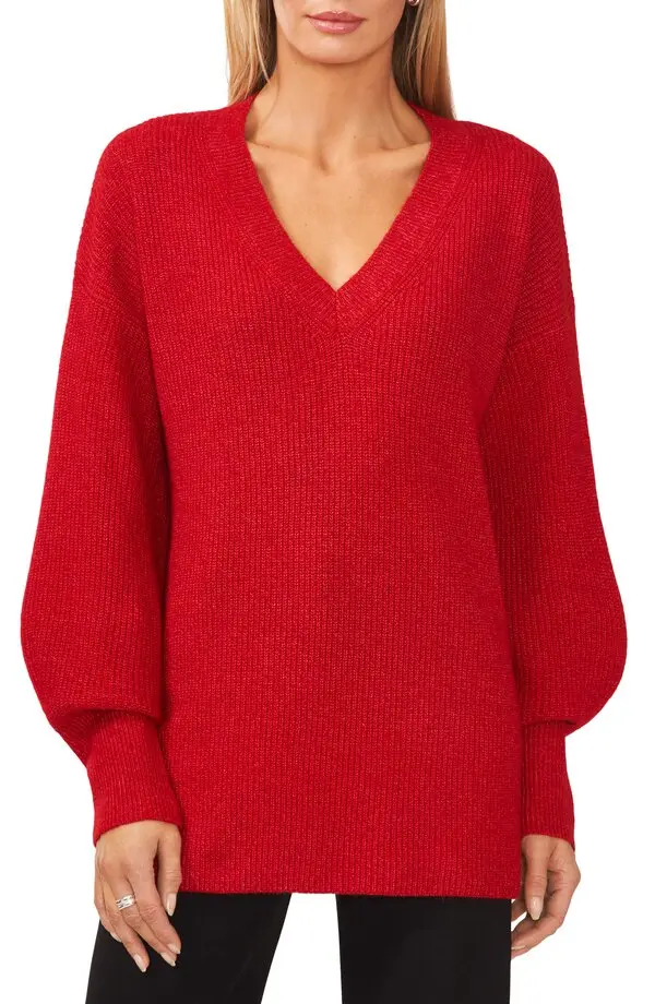 Halogen V-neck Tunic Sweater - Festive Ruby Red