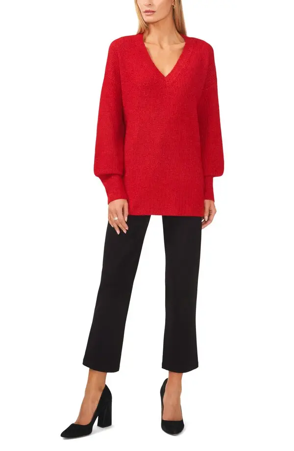 Halogen V-neck Tunic Sweater - Festive Ruby Red