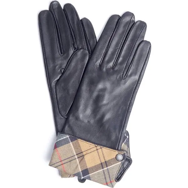Barbour Lady Jane Leather Gloves - Black/dress Tartan