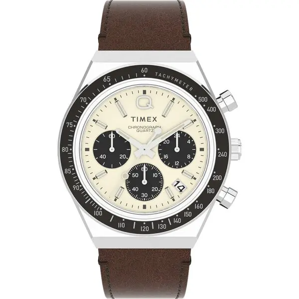 Timex® Q Chronograph Leather Strap Watch - Stainless Steel