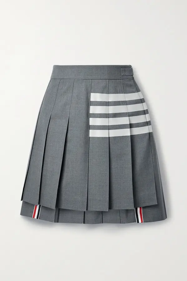 Thom Browne Grosgrain-trimmed Pleated Striped Wool Mini Skirt - Gray