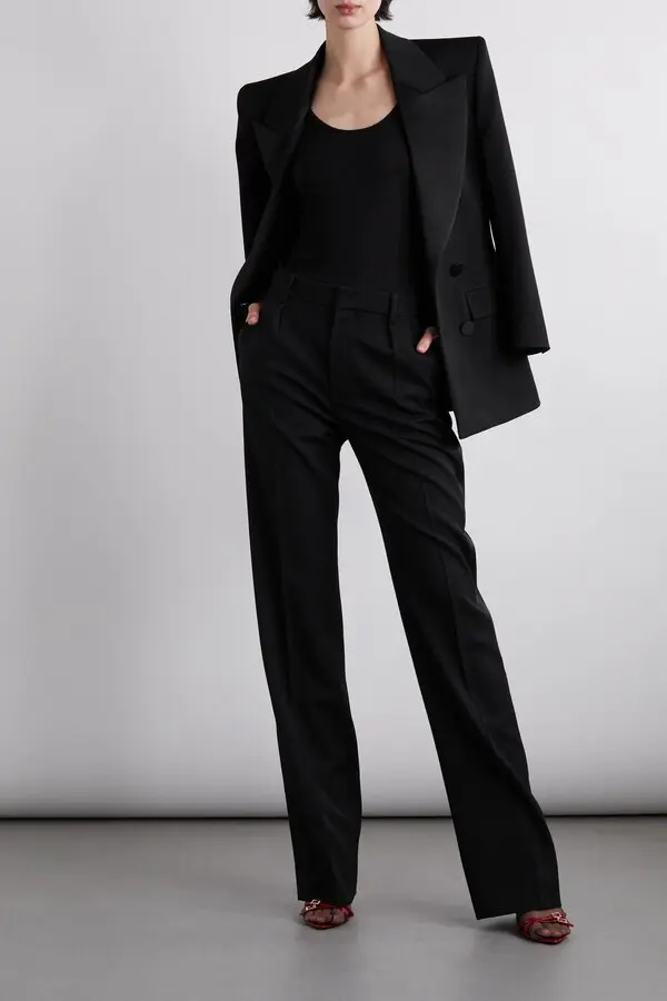 Saint Laurent Crepe-trimmed Grain De Poudre Wool Straight-leg Pants