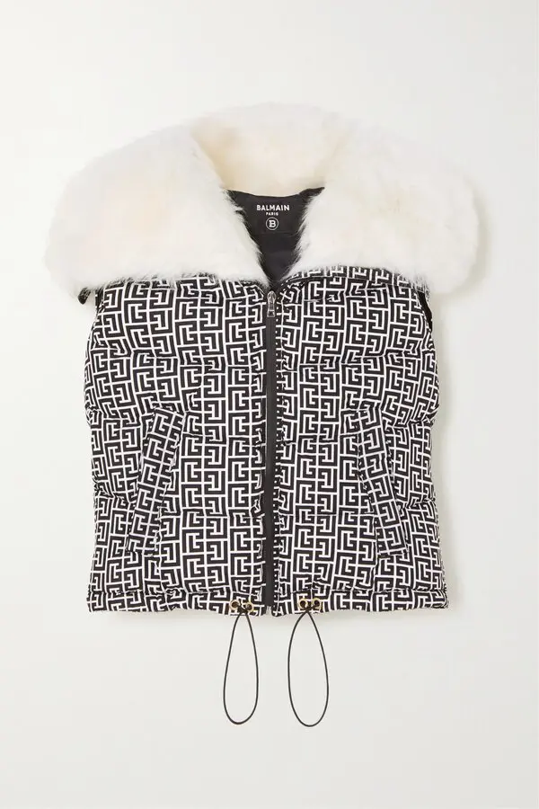 Balmain Faux Fur-trimmed Printed Quilted Padded Shell Vest - Black