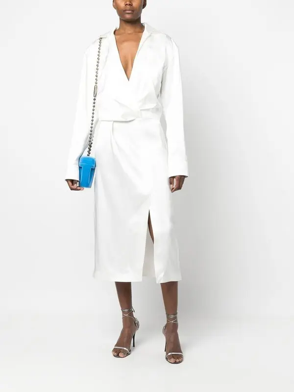Off-White Twist-front Satin Midi Shirt Dress