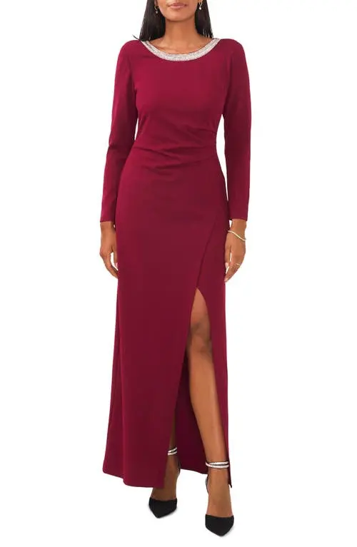 Chaus Crystal Detail Long Sleeve Gown - Majestic Wine