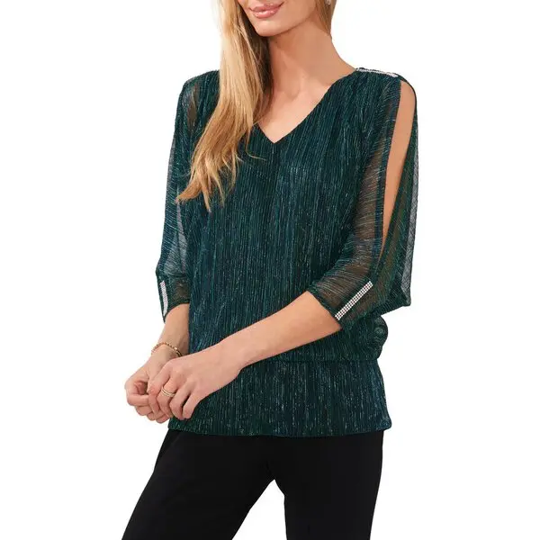 Chaus Metallic Split Sleeve Blouse - Dazzling Jade