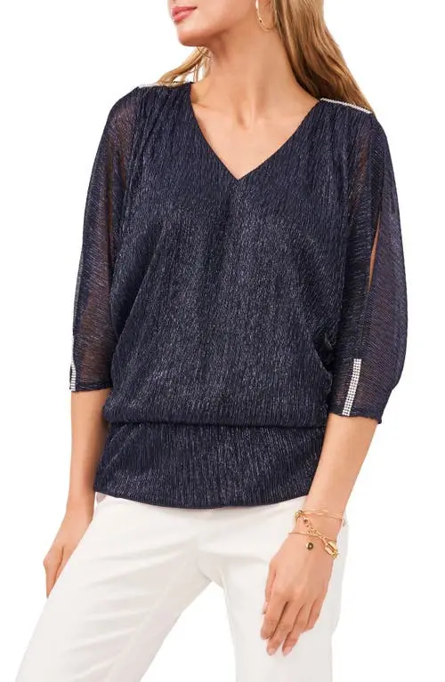 Chaus Metallic V-neck Blouse - Navy