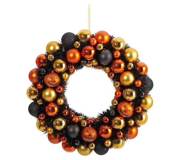 NEARLY NATURAL 30' Halloween Jack O'lantern Pum Pkin Wreath - One-color