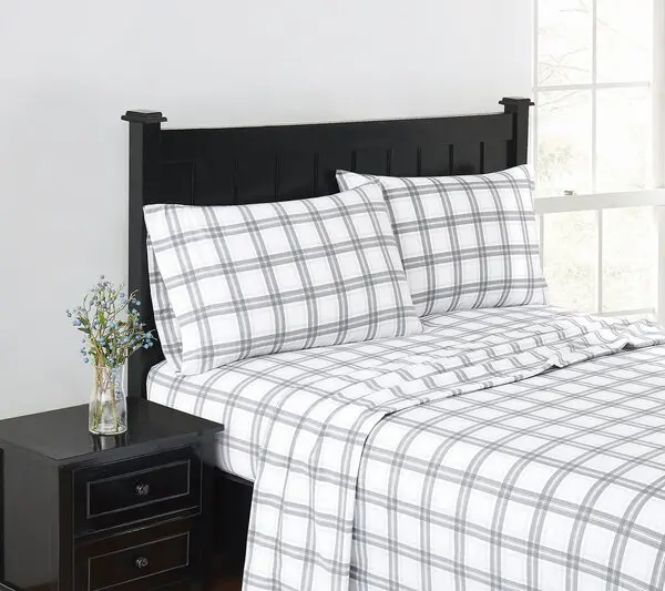 London Fog Grey Plaid Flannel 4 Piece Full Shee T Set - One-color