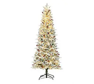 HAUTE DECOR 7' Lexington Pre-lit Flocked Slim Tree Wberry Tip - One-color