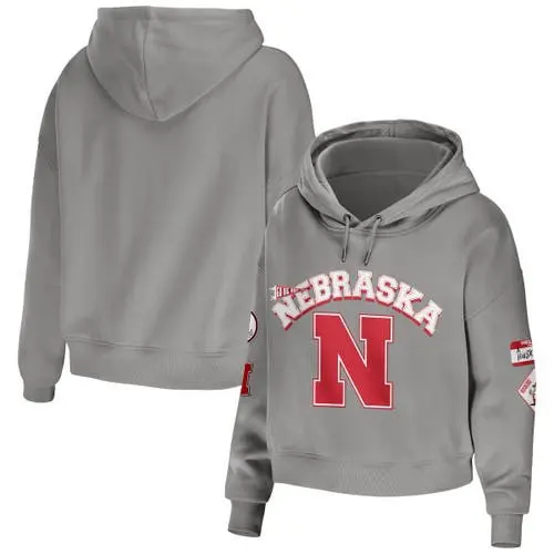 WEAR BY ERIN ANDREWS Nebraska Huskers Mixed Media Cropped Pullover Hoodie - Gray