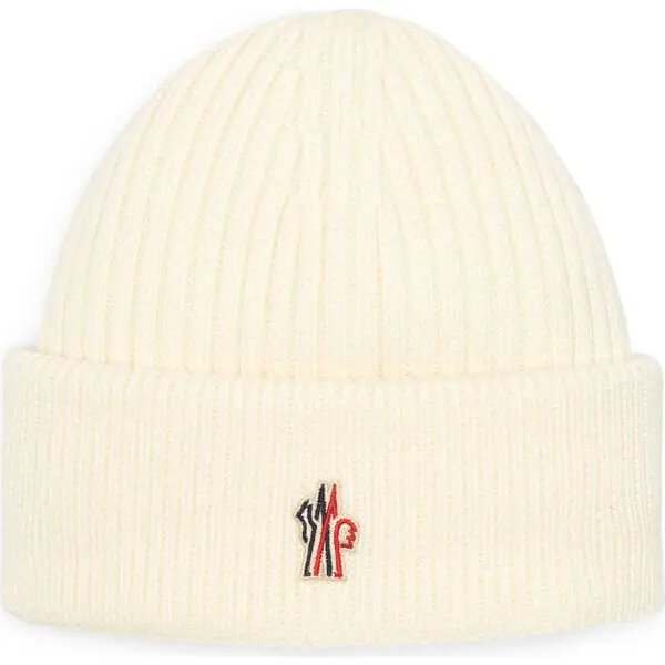 Moncler Logo Patch Ribbed Wool Beanie - Natural