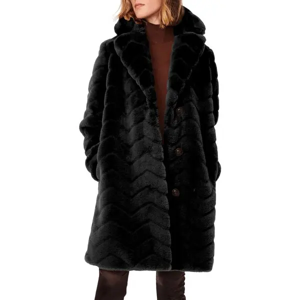 Bernardo Faux Fur Chevron Coat - Black
