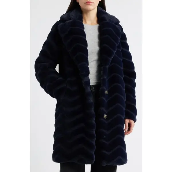 Bernardo Faux Fur Chevron Coat - Navy