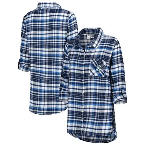 CONCEPTS SPORT Deep Sea Blue Seattle Kraken Mainstay Flannel Full-button Long Sleeve Nightshirt - Navy