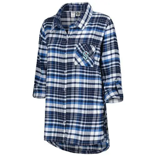 CONCEPTS SPORT Deep Sea Blue Seattle Kraken Mainstay Flannel Full-button Long Sleeve Nightshirt