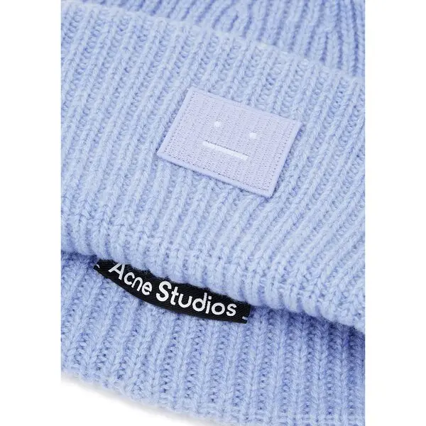 Acne Studios Pansy Blue Ribbed Logo Wool Beanie