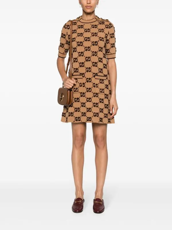 Gucci Gg Jacquard Wool Dress - Brown | Editorialist