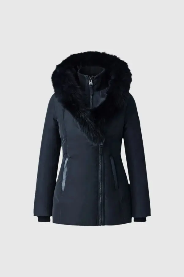 Mackage Adali-bx Down Coat With Blue Fox Fur Collar - Black