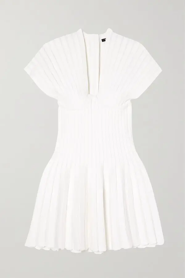 Balmain Pleated Knitted Mini Dress - White