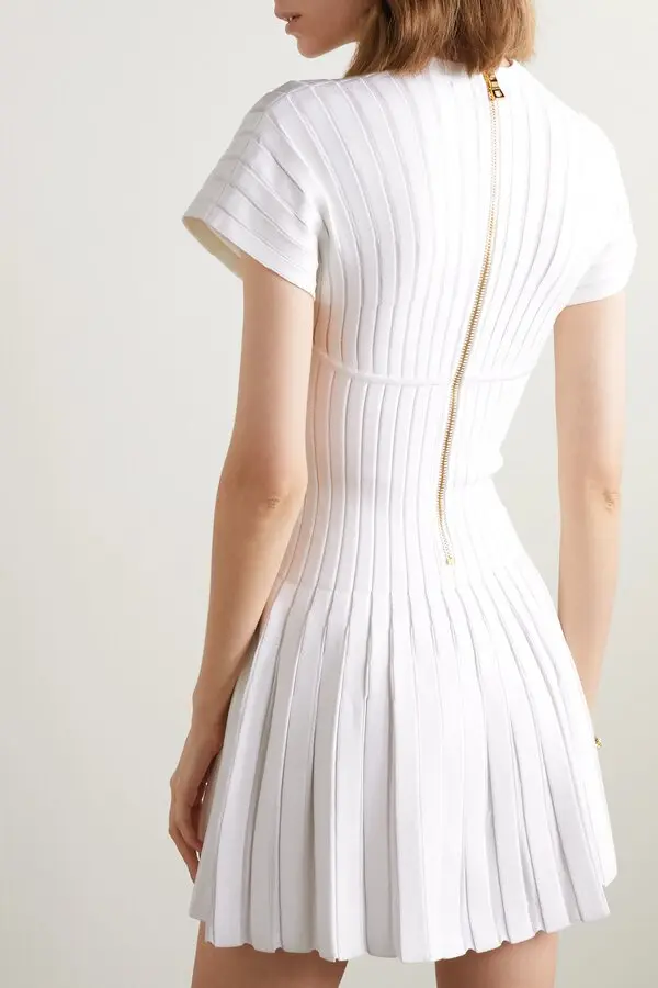 Balmain Pleated Knitted Mini Dress - White